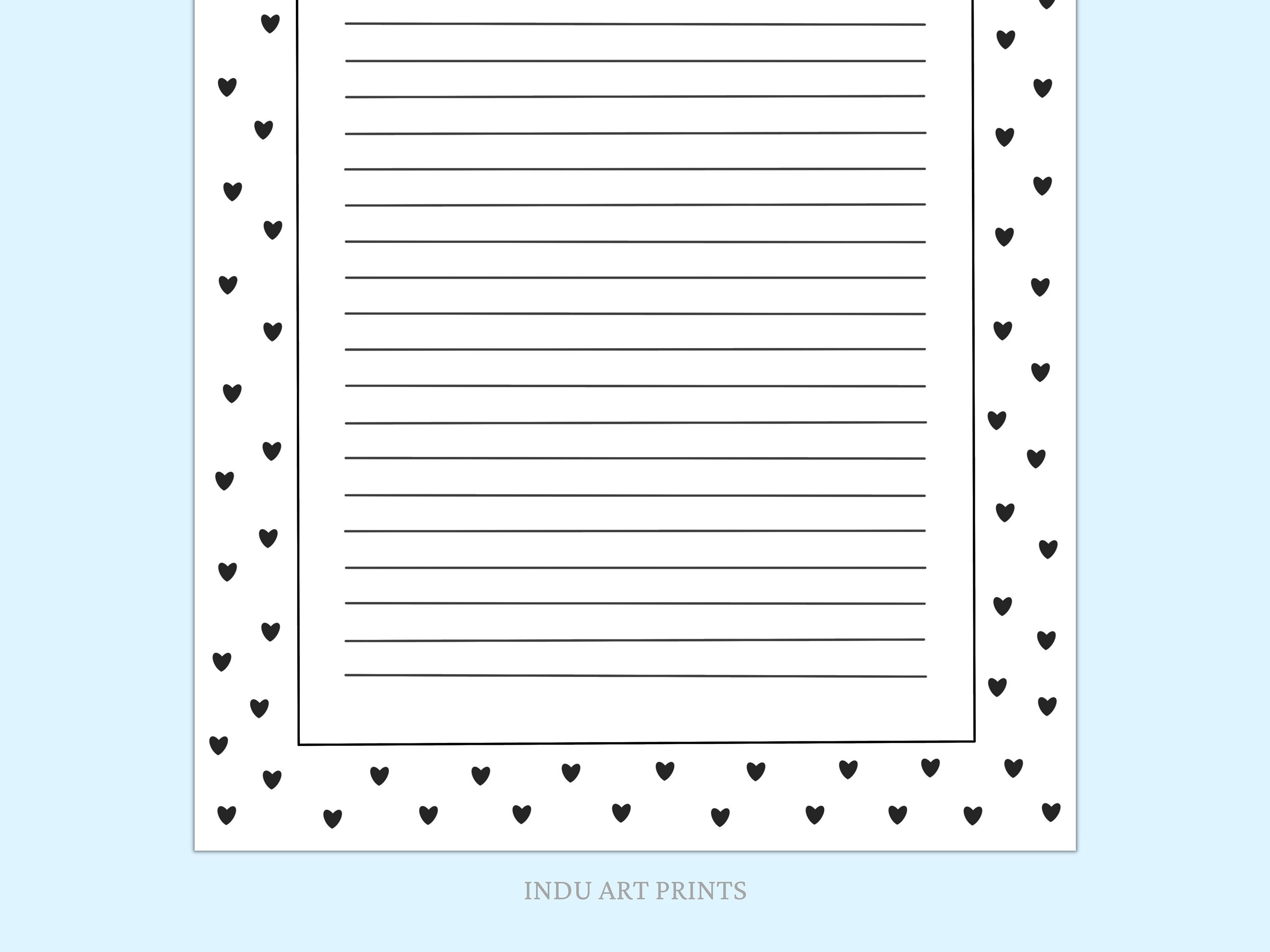 Hearts Letter Writing Paper, Minimalist Printable Stationery, Black and ...