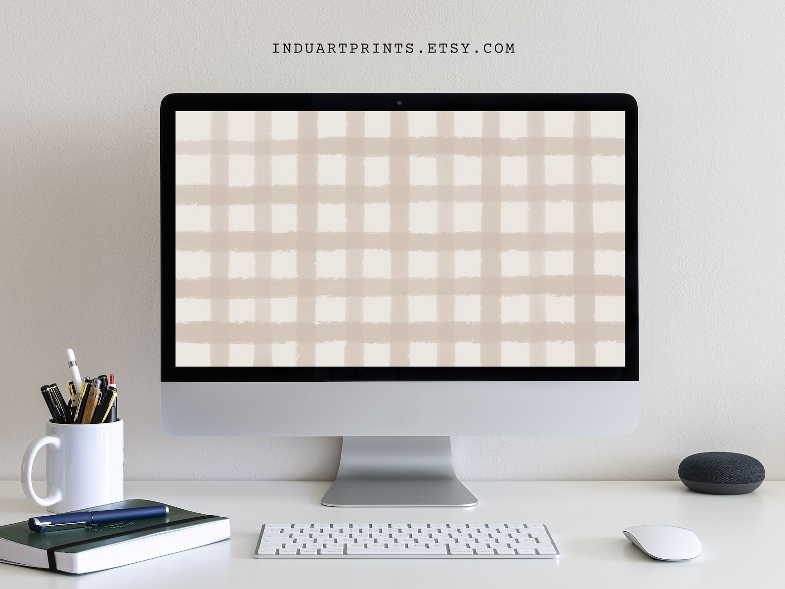Neutral Gingham Desktop Wallpaper, Beige Minimalist Plaid Background ...