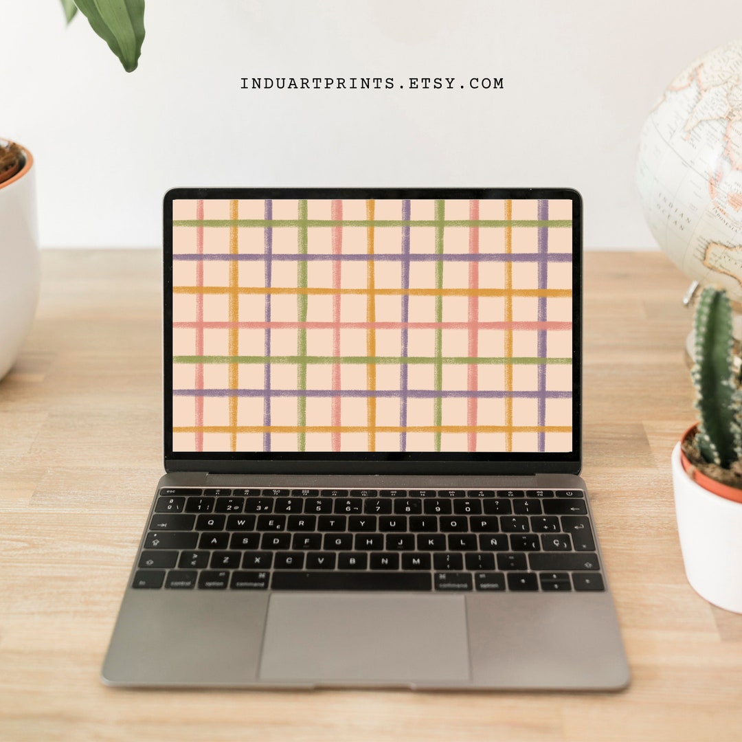 Colorful Gingham Laptop Wallpaper, Beige Minimalist MacBook Background ...