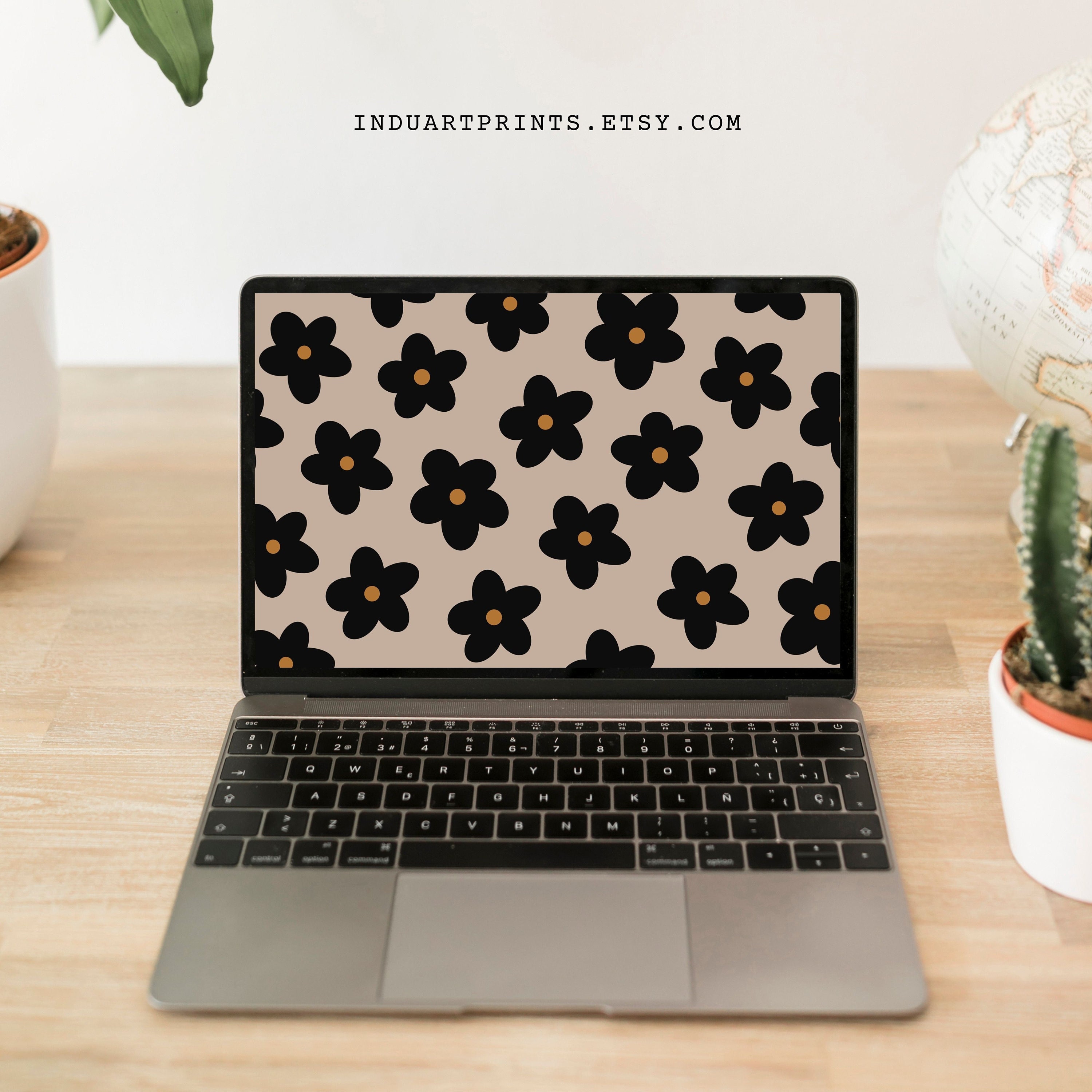 Black Daisy Laptop Wallpaper, Aesthetic MacBook Background, Modern ...