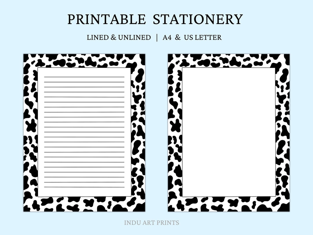Black and White Cow Print Stationery Paper, Letter Writing Printable ...