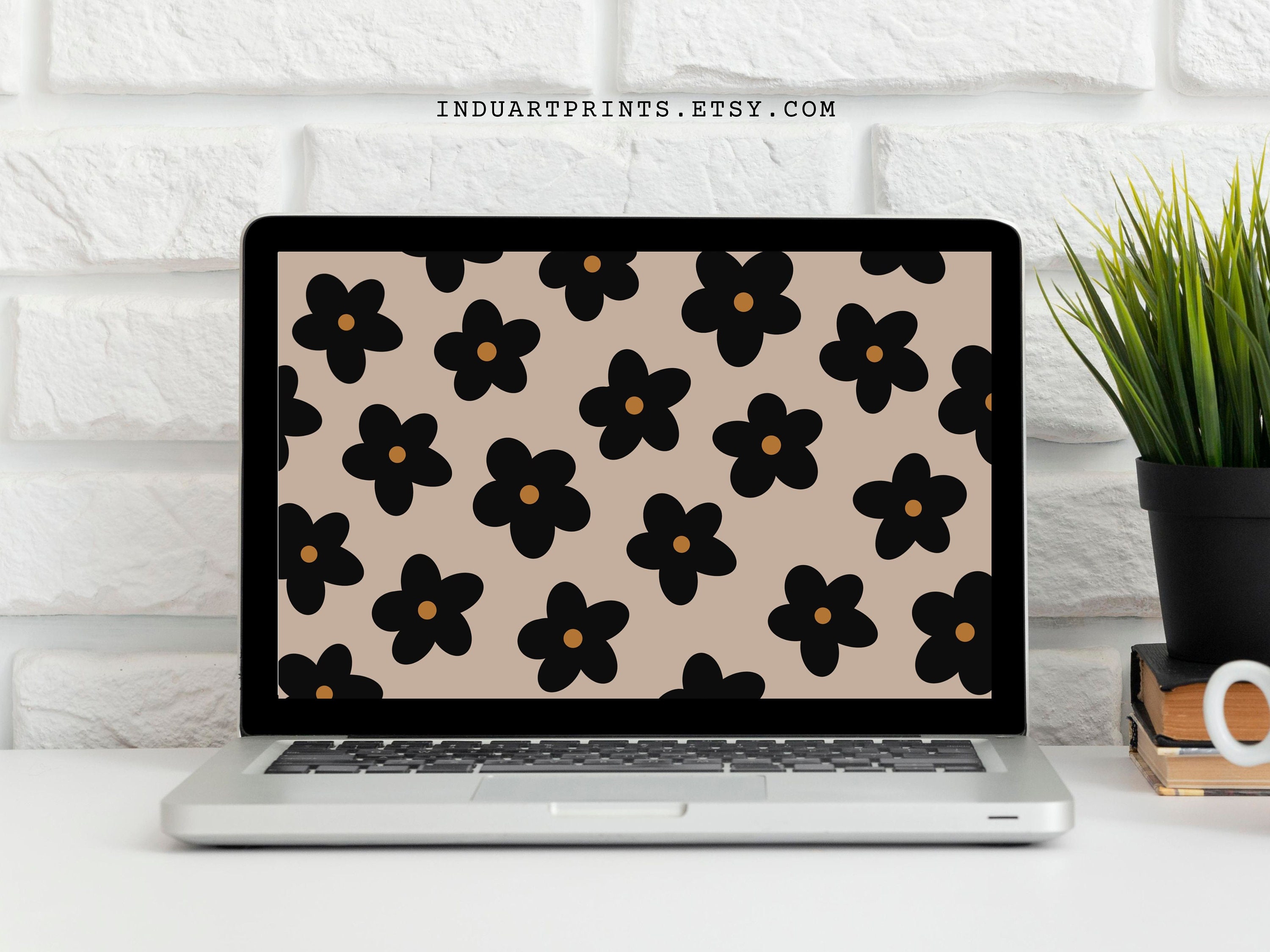 Black Daisy Laptop Wallpaper, Aesthetic MacBook Background, Modern ...