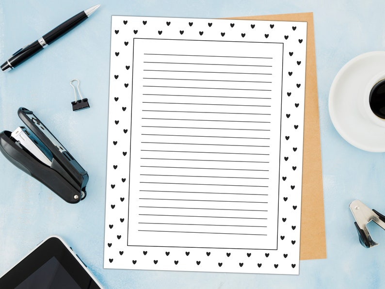 Hearts Letter Writing Paper, Minimalist Printable Stationery, Black and ...
