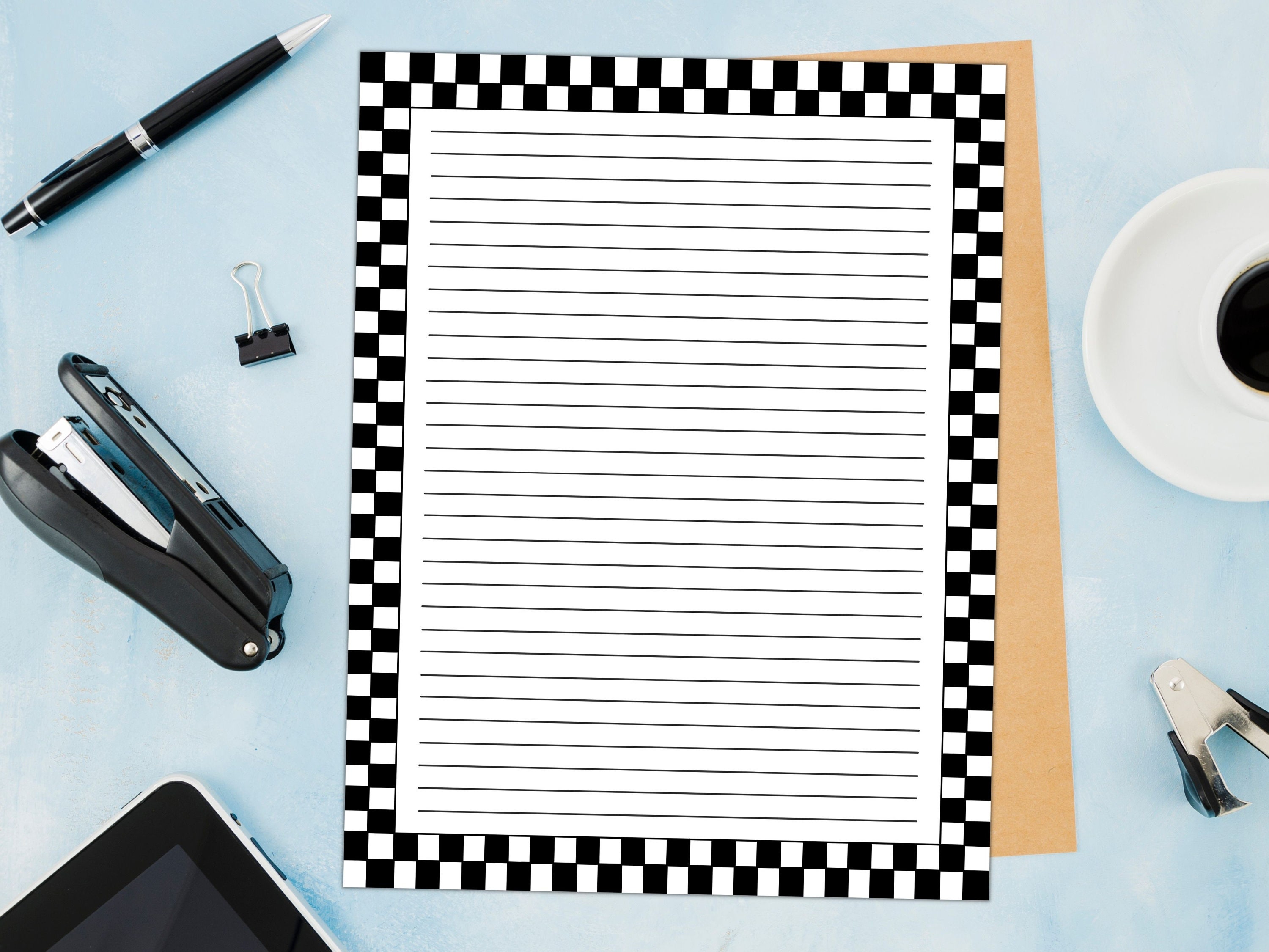 Checkered Pattern Letter Writing Paper, Stationery Printable, Black and ...