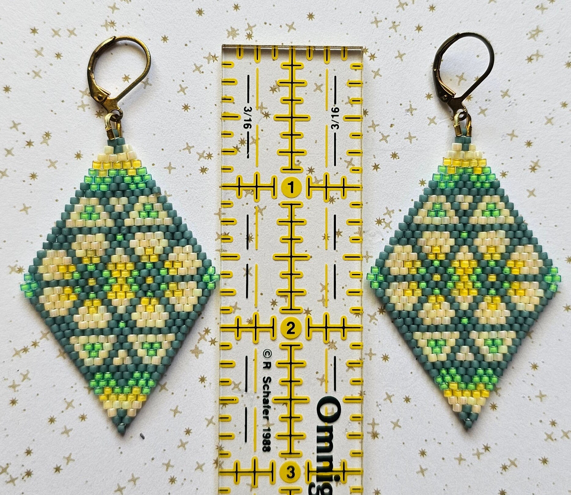 Teal & Yellow Floral Rhombus Handmade Brick Stitch Miyuki Seed Bead ...