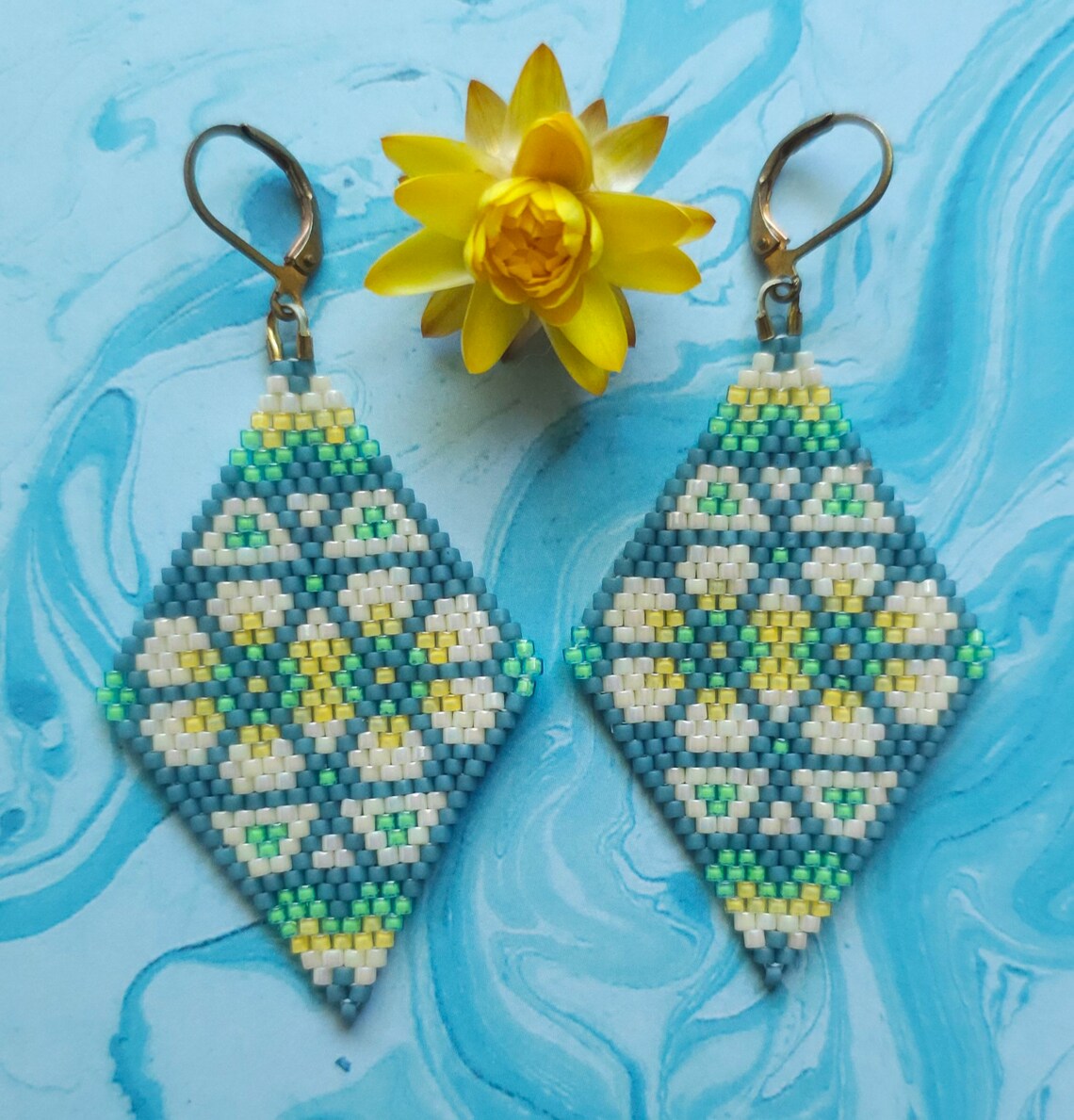 Teal & Yellow Floral Rhombus Handmade Brick Stitch Miyuki Seed Bead ...