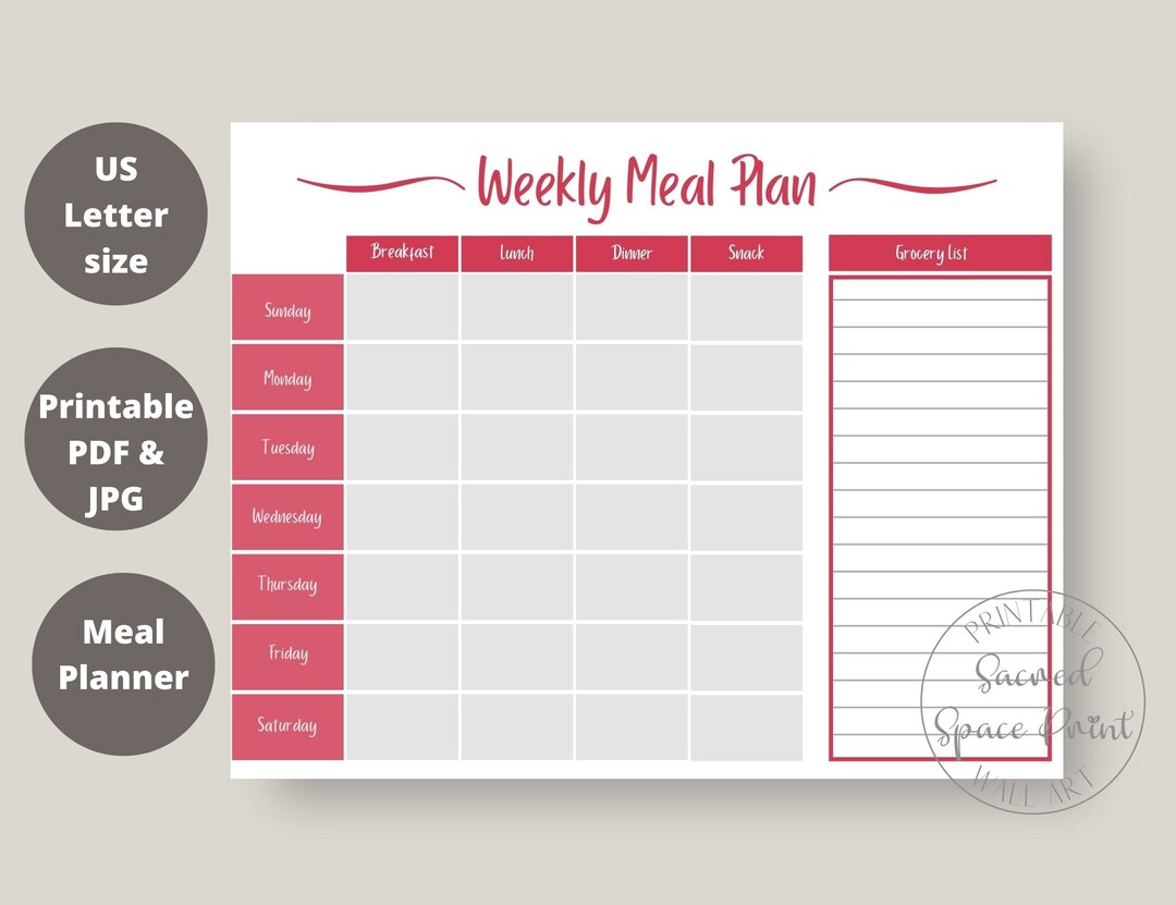 Weekly Meal Planner Printable, Grocery List, Food List, Planning Meals ...