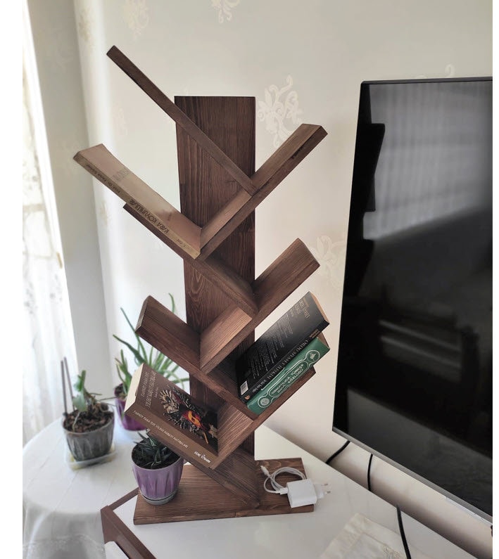 Desktop Mini Bookcase Solid Wood Tree Bookshelf Decorative Small ...