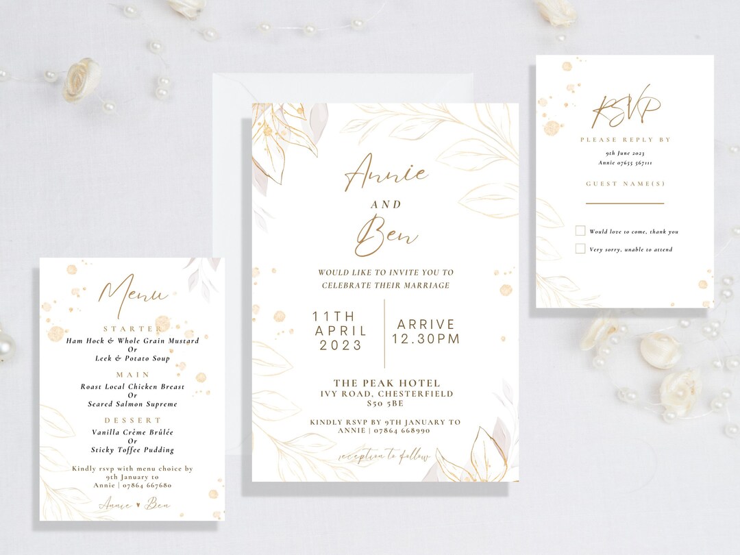 Gold Leaf Wedding Invitations, Evening Invitation, RSVP Cards, Menu ...