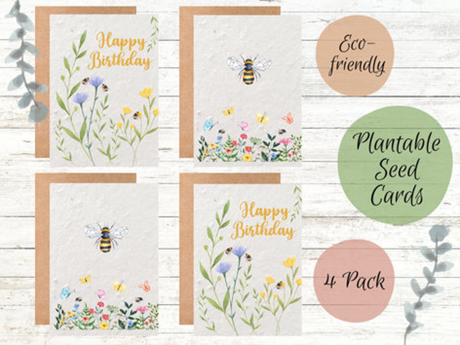 Plantable Seed Birthday Card Pack, Yellow Wildflower Bee Designs, 4 ...