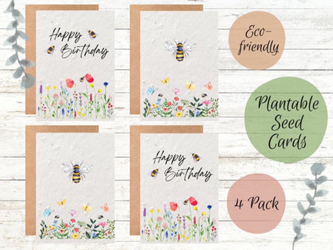 Plantable Seed Birthday Card Pack, Wildflower Bee Designs, 4 Pack ...