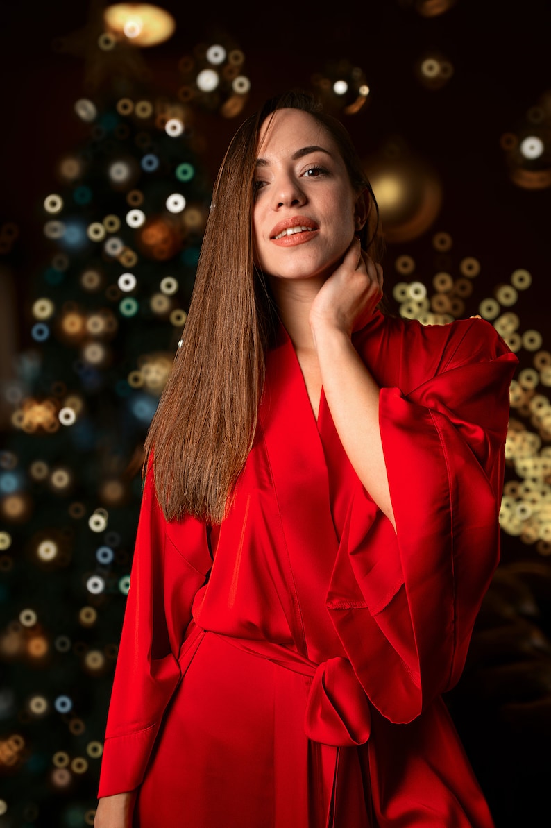 Short Red Kimono Robe – Silk Lace Robe With Back Appliqué – Gift for ...