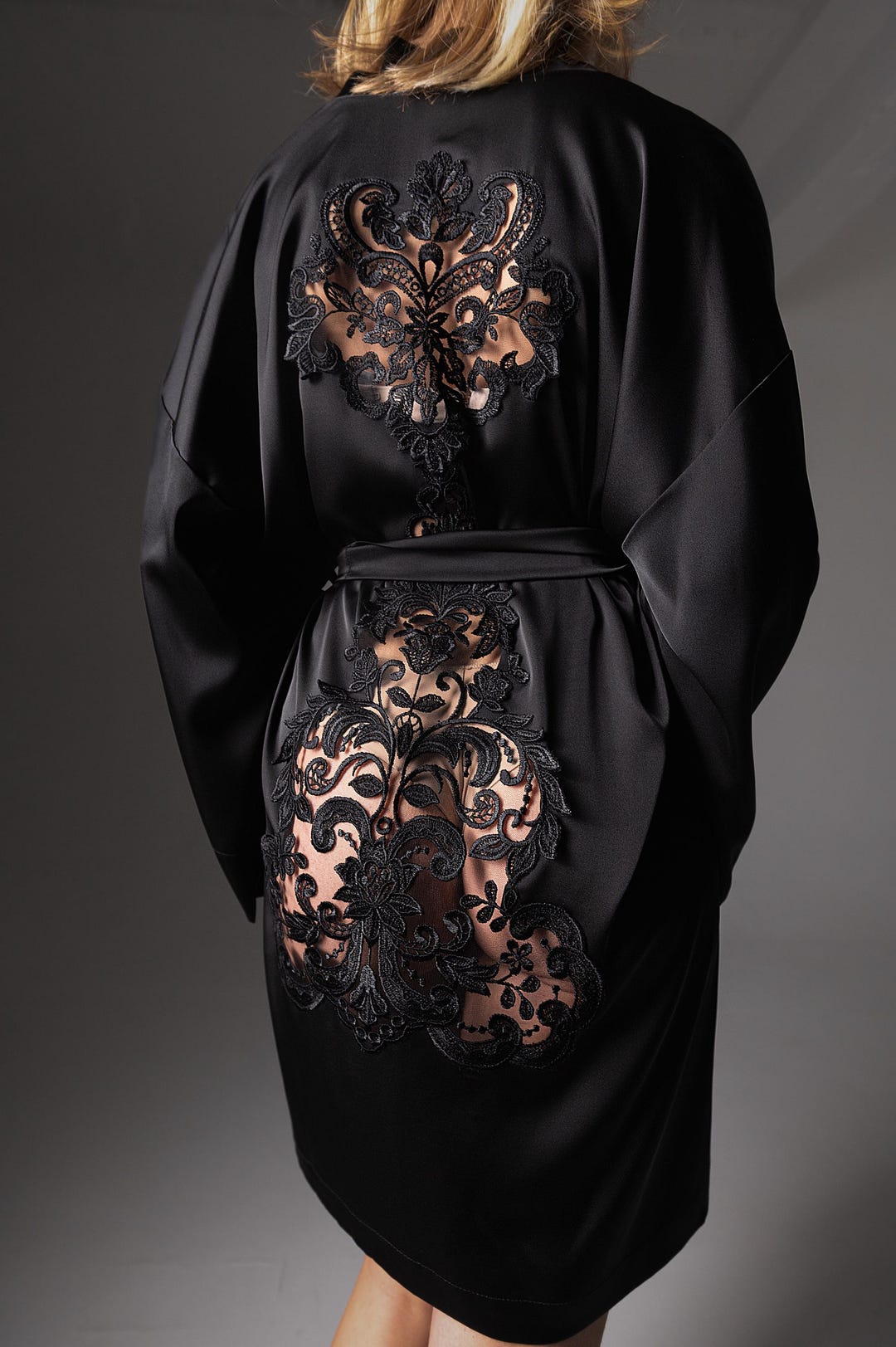 Black Satin Robe With Sheer Lace Back – Luxury Lingerie Robe for ...