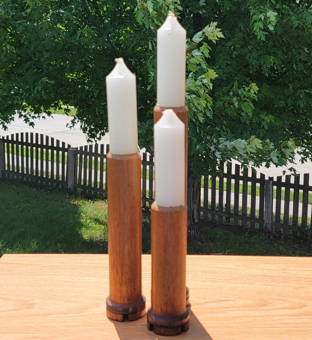Antique Wood Thread Spool Candle Holders With White Candles - Set of 3 ...