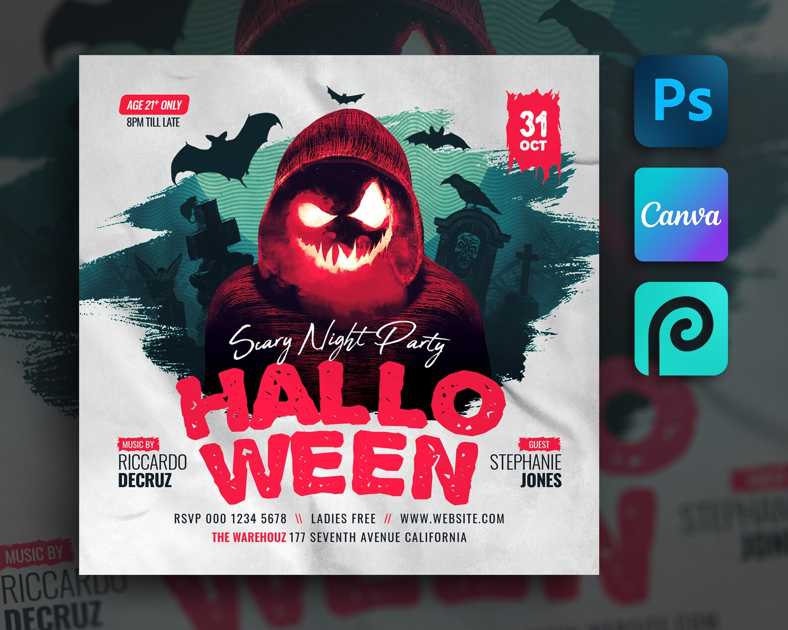 Halloween Flyer Template for Canva, Photoshop. DIY Scary Event Flyer ...