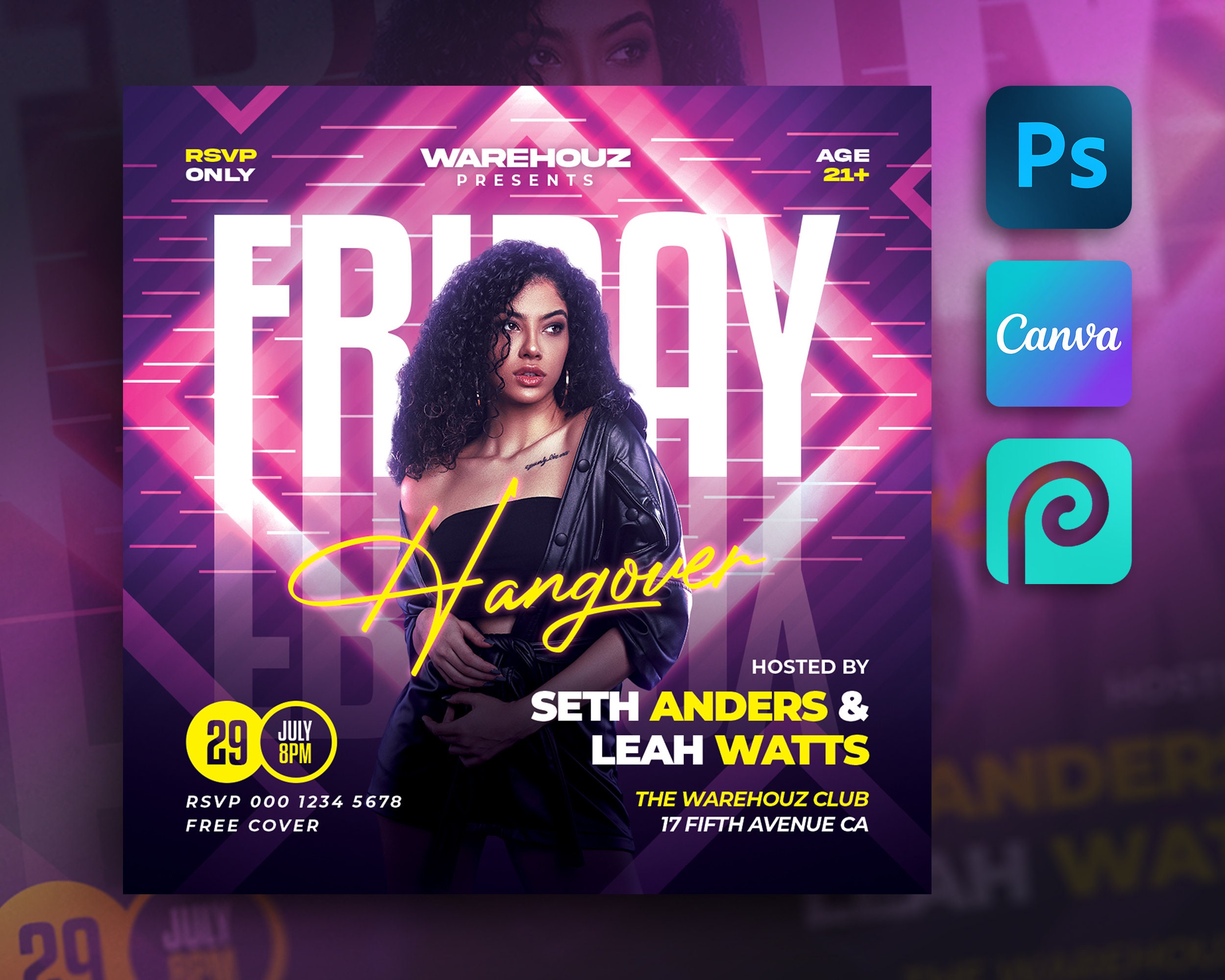 Club Flyer Template for Canva Photoshop Photopea. DIY Event - Etsy