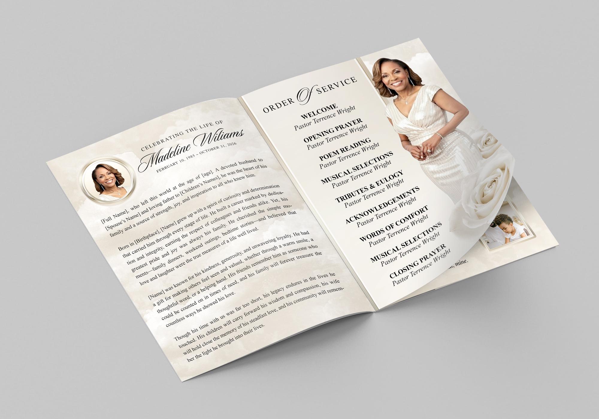 Elegant Beige Funeral Program (8 Pages) in Loving Memory Obituary ...