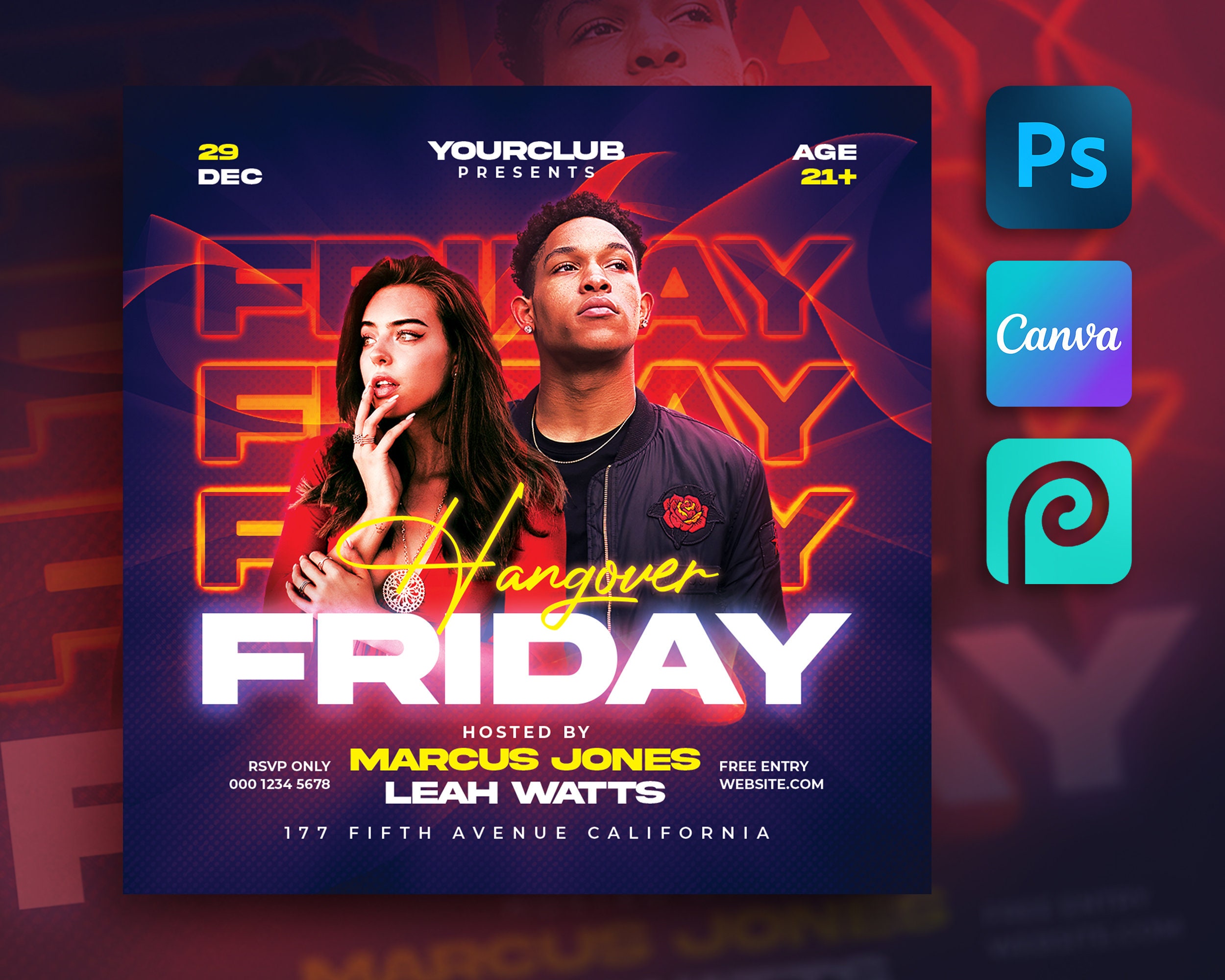 Club Flyer Template for Canva Photoshop Photopea. DIY Event - Etsy