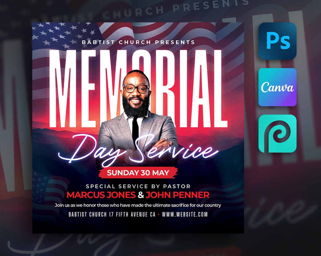 Church Memorial Day Service Flyer for Canva & Photoshop. DIY Church ...