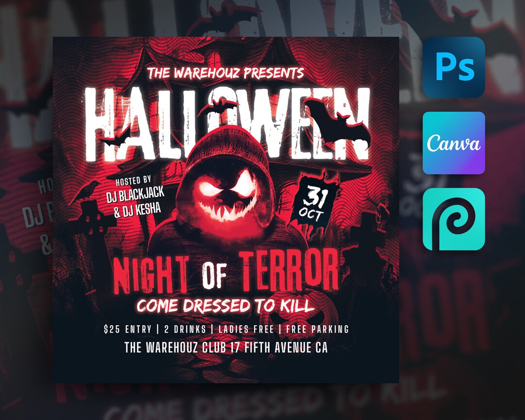 Halloween Flyer Template for Canva, Photoshop. DIY Scary Event Flyer ...