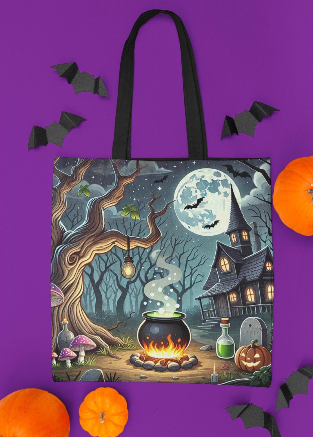 Halloween Witch Cauldron Moon Tote Bag, Magical Forest Scene, Perfect ...