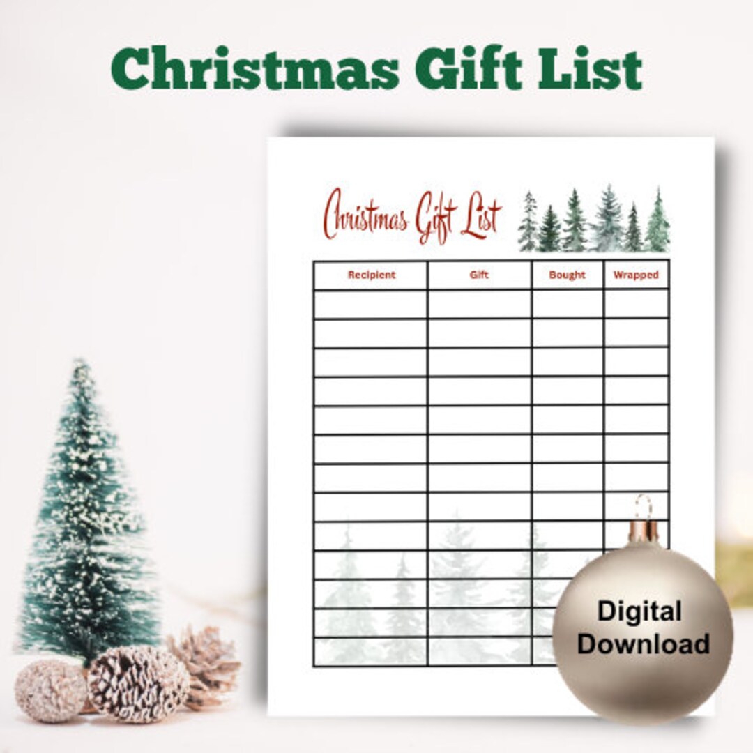 Digital Christmas Gift List, Gift List, Tree Simple Design, Gift List ...