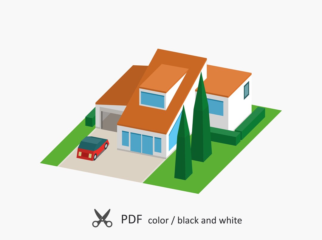 Diorama Modern House and Red Car. Printable Paper Craft Template - Etsy