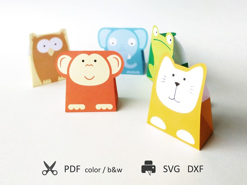 5 Gift Bags Templates - Cat, Elephant, Frog, Owl, Monkey. PDF, SVG and ...
