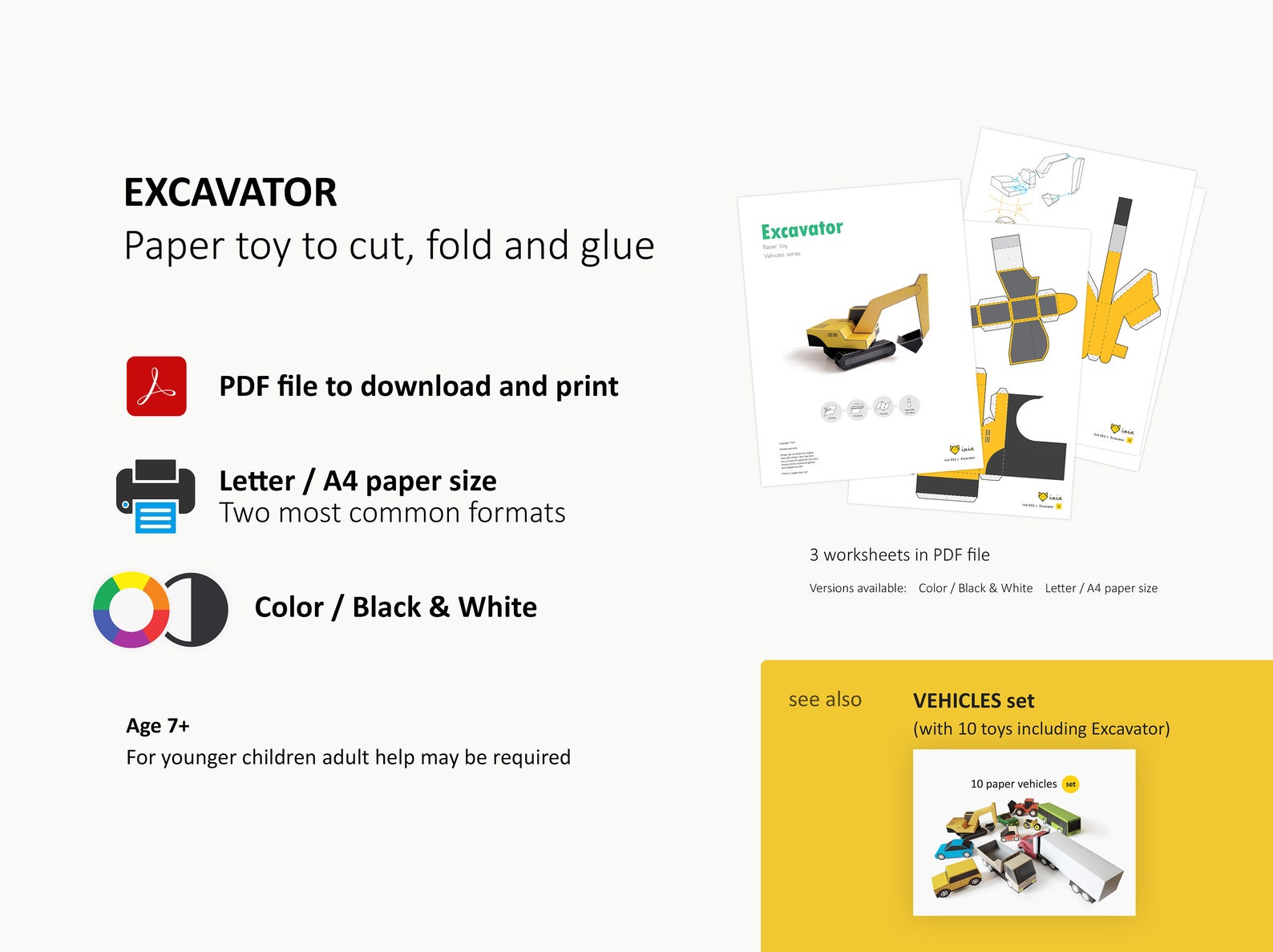 Excavator. Paper Craft Toy. PDF Printable Templates | Etsy Canada