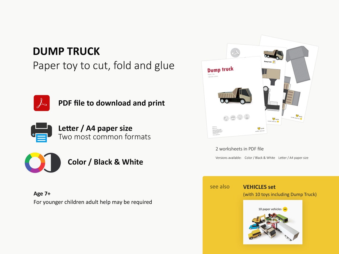 Paper Toy Dump Truck. Printable Papercraft Templates | Etsy