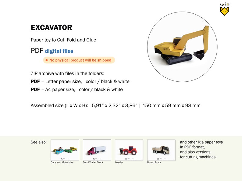 Excavator. Paper Craft Toy. PDF Printable Templates - Etsy