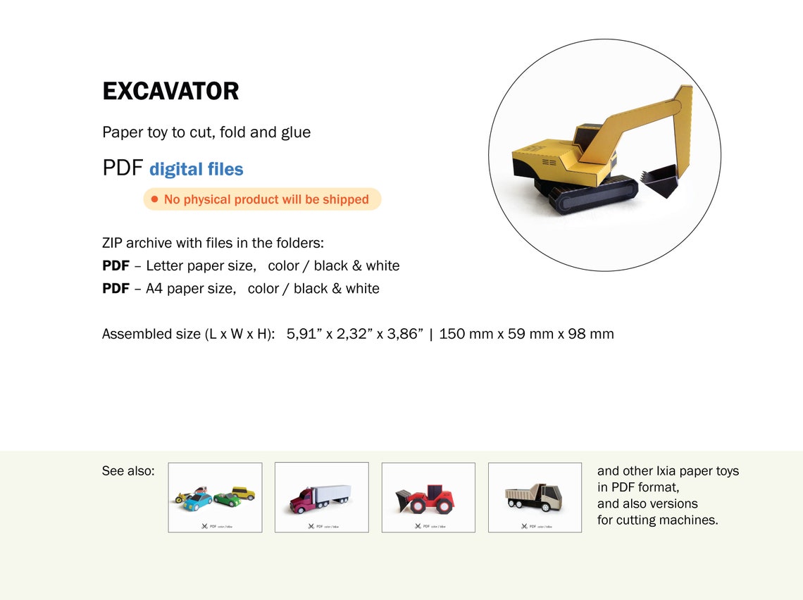 Excavator. Paper Craft Toy. PDF Printable Templates - Etsy Canada