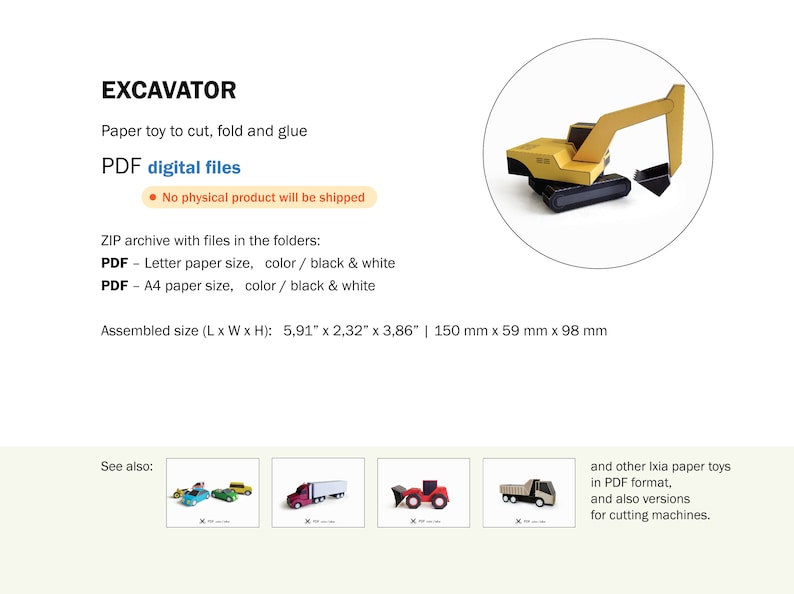 Excavator. Paper Craft Toy. PDF Printable Templates - Etsy Canada