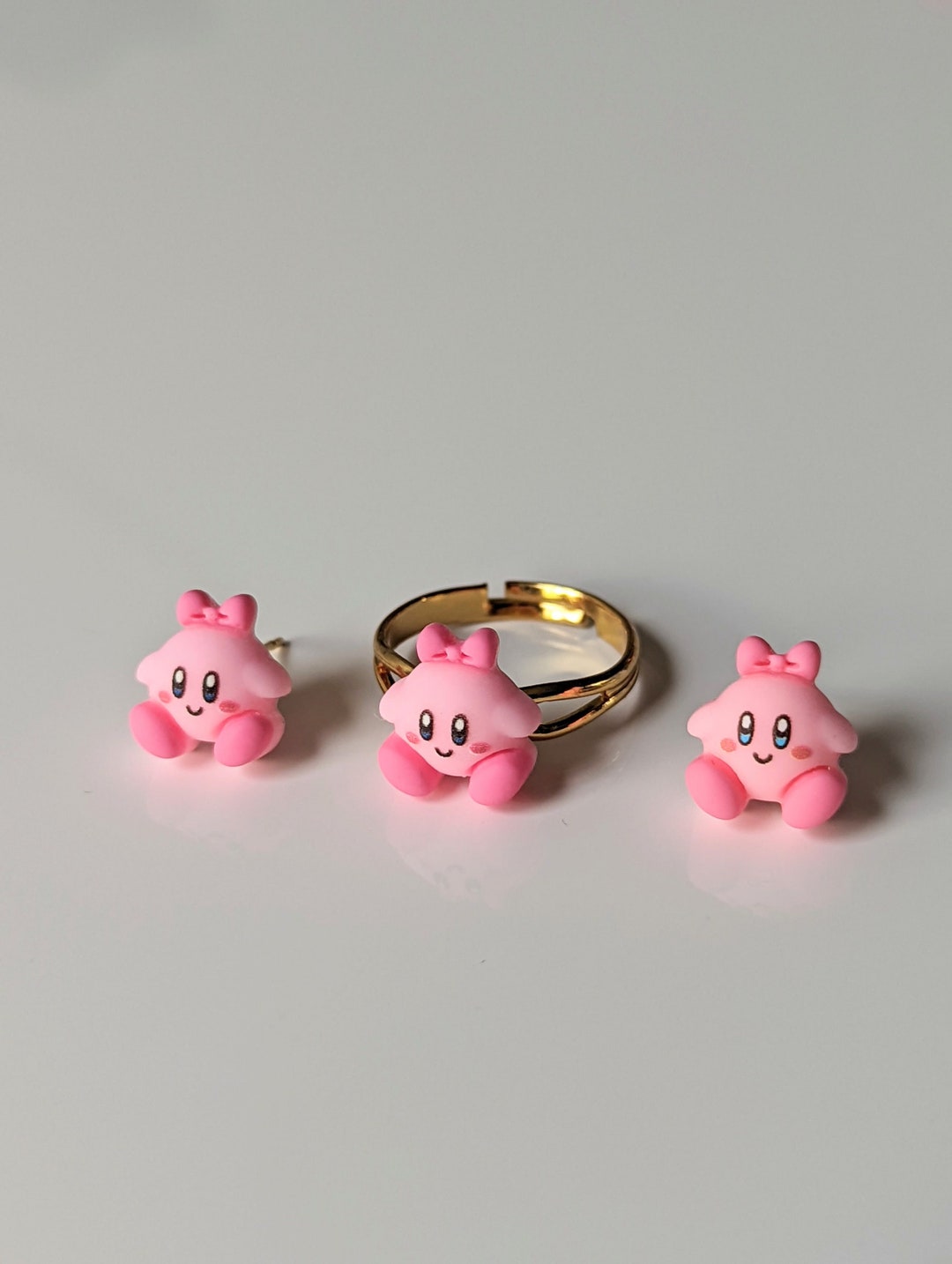 Kawaii Pink Bow Kirby Stud Earrings and Adjustable Ring - Etsy