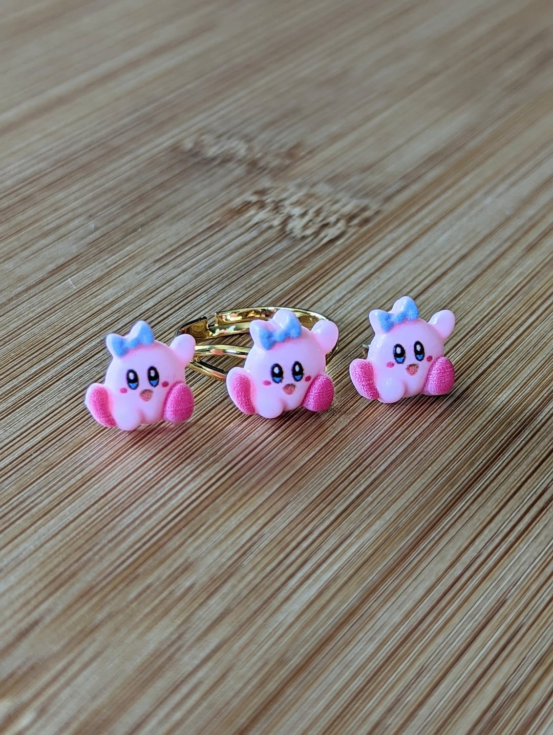Blue Bow Kirby Nintendo Stud Earrings and Adjustable Ring - Etsy