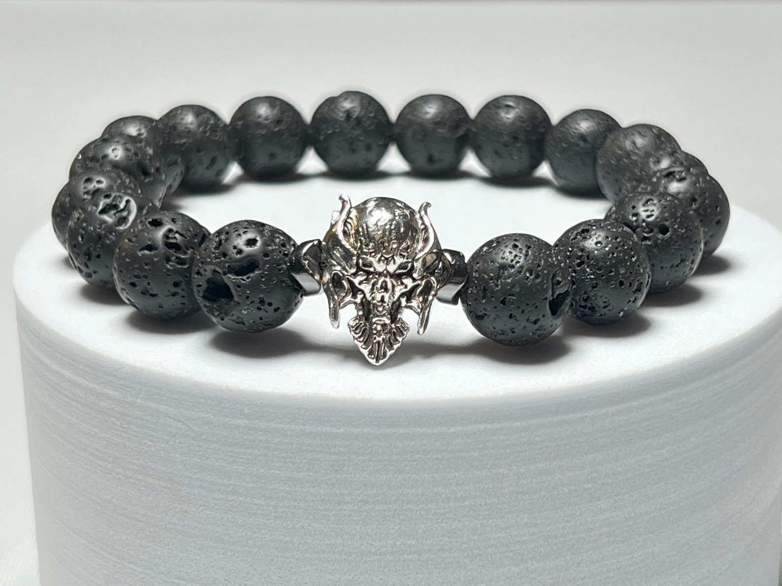 One of a Kind 8.5 Inch Men's Black Lava Stone Beaded Bracelet With ...