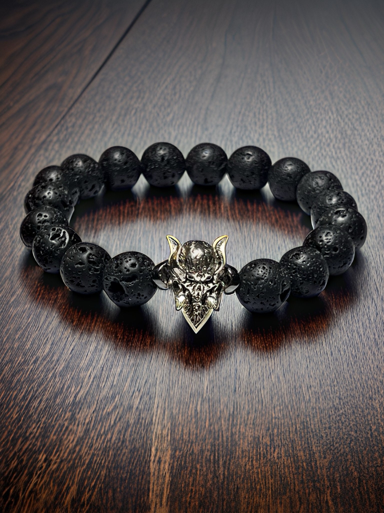 One of a Kind 8.5 Inch Men's Black Lava Stone Beaded Bracelet With ...