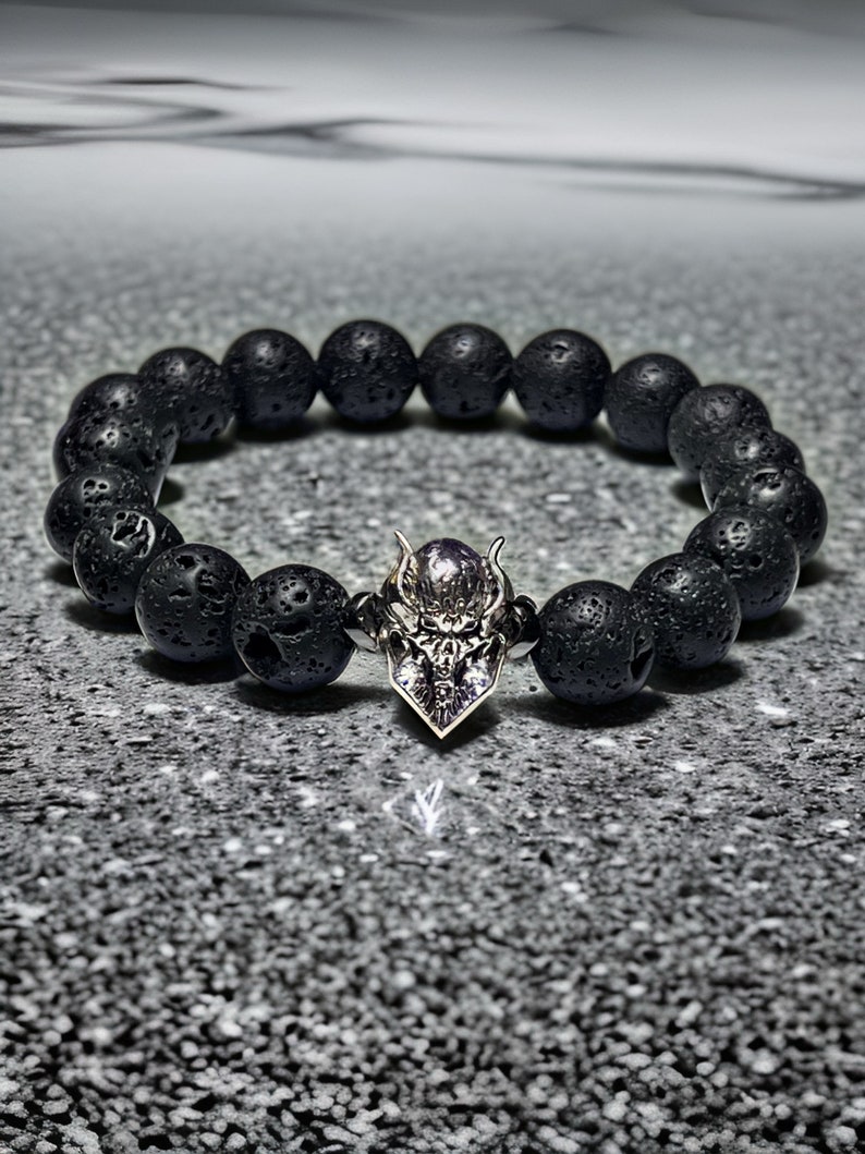 One of a Kind- 8.5 Inch Men's Black Lava Stone Beaded Bracelet With ...