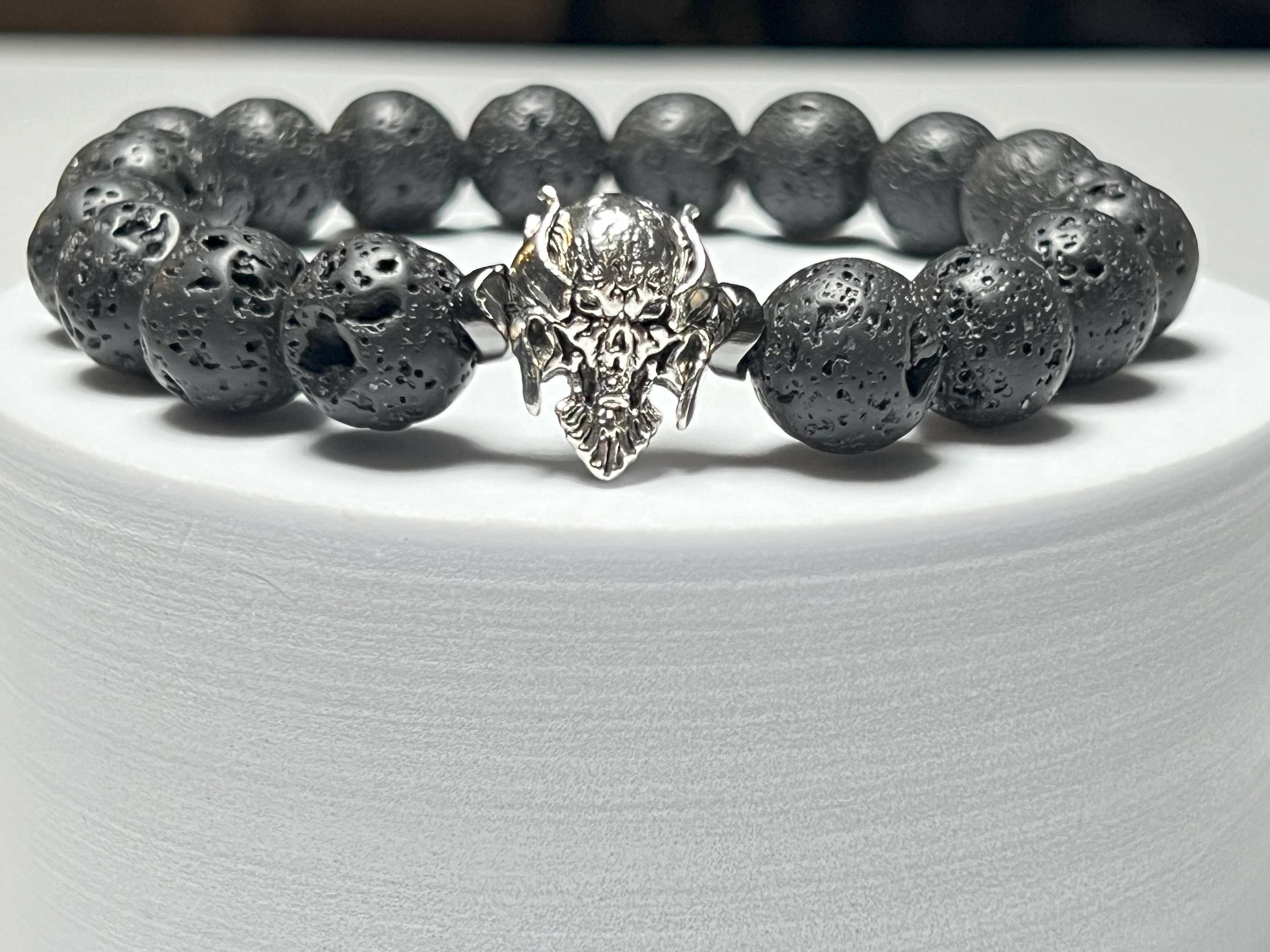 One of a Kind 8.5 Inch Men's Black Lava Stone Beaded Bracelet With ...