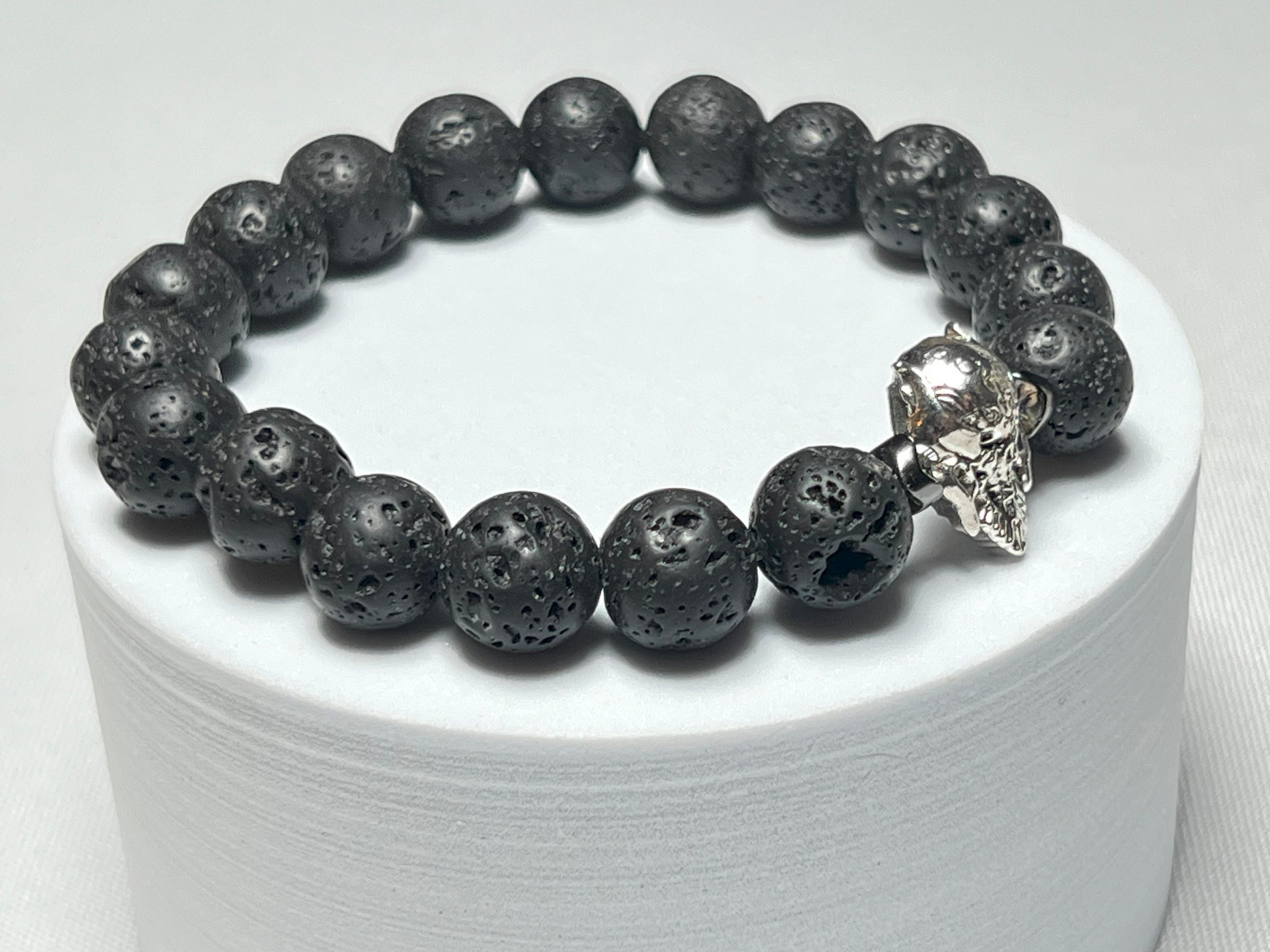 One of a Kind 8.5 Inch Men's Black Lava Stone Beaded Bracelet With ...