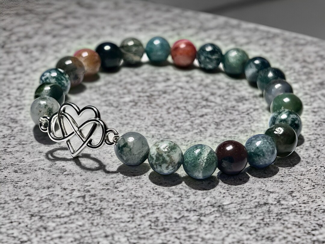 Gorgeous 7.5 Inch Green Ocean Jasper Beaded Bracelet With Silver Infinity Heart Charm - Etsy