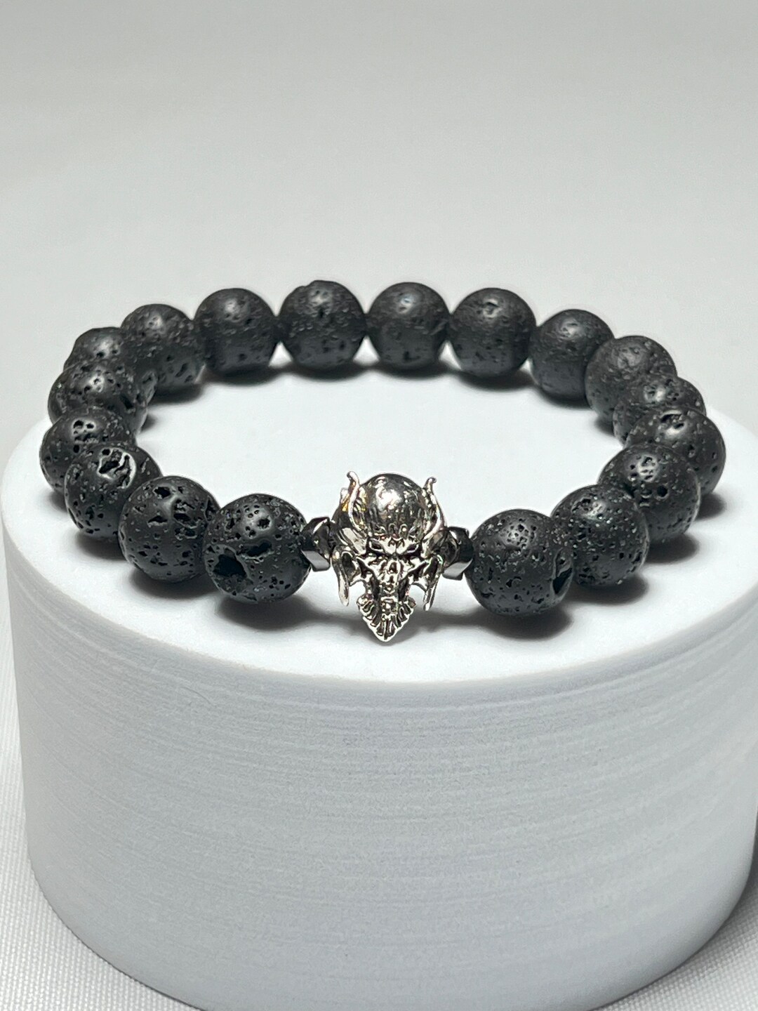 One of a Kind- 8.5 Inch Men's Black Lava Stone Beaded Bracelet With ...