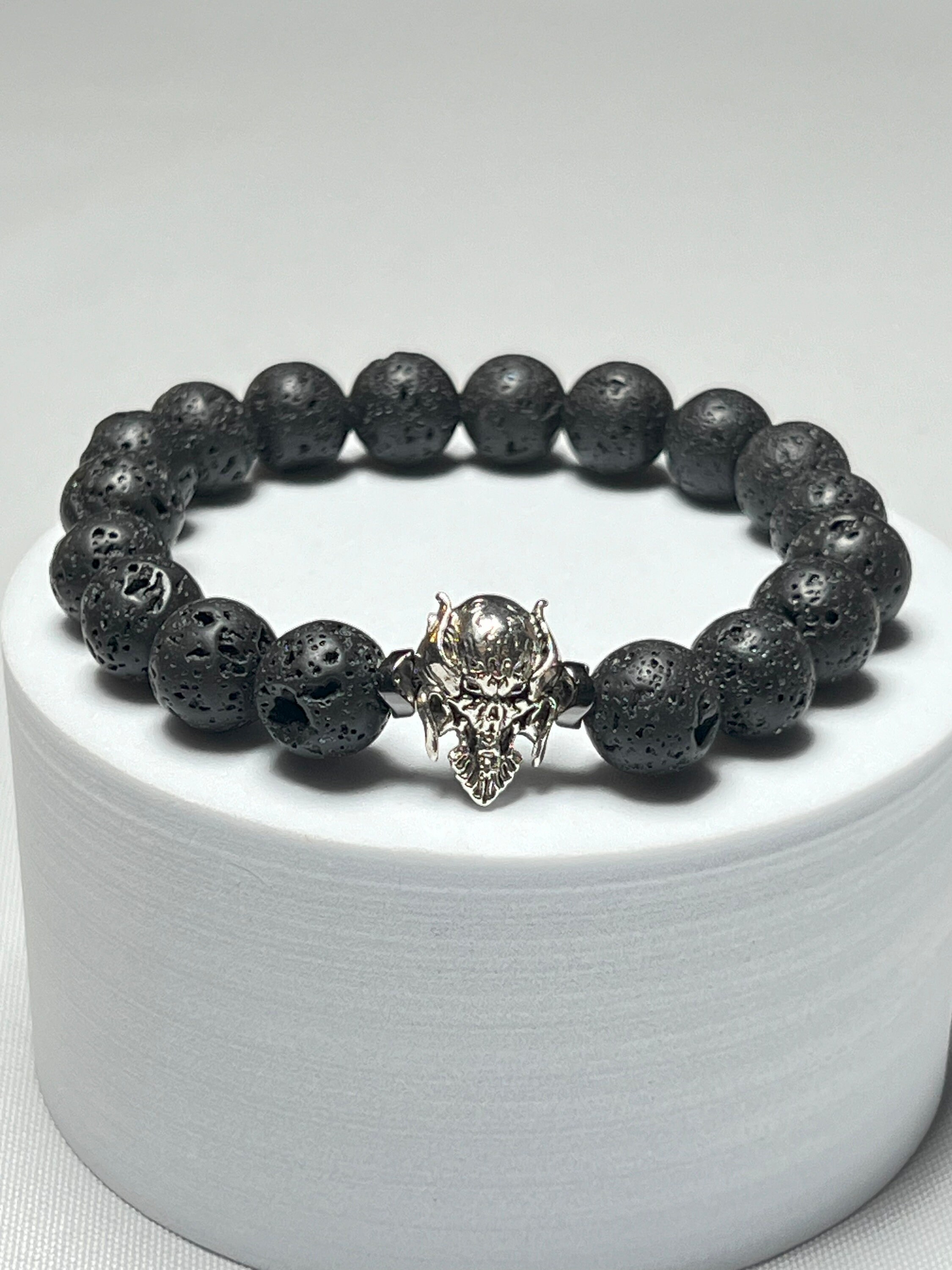 One of a Kind- 8.5 Inch Men's Black Lava Stone Beaded Bracelet With ...
