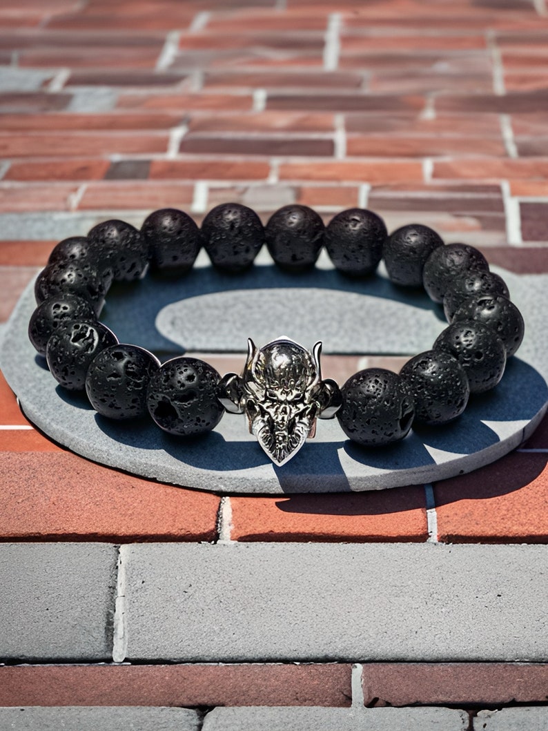 One of a Kind 8.5 Inch Men's Black Lava Stone Beaded Bracelet With ...