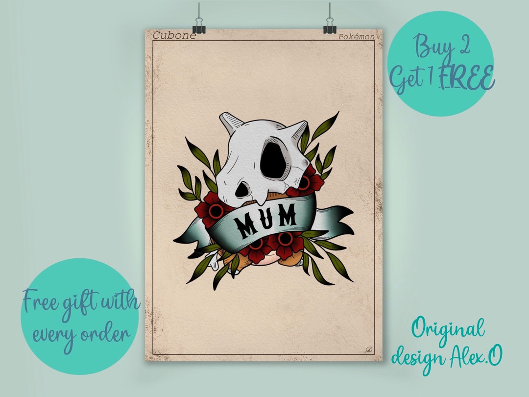 Pokémon Cubone Neo Traditional MUM Tattoo Style Vintage Poster Physicsl ...
