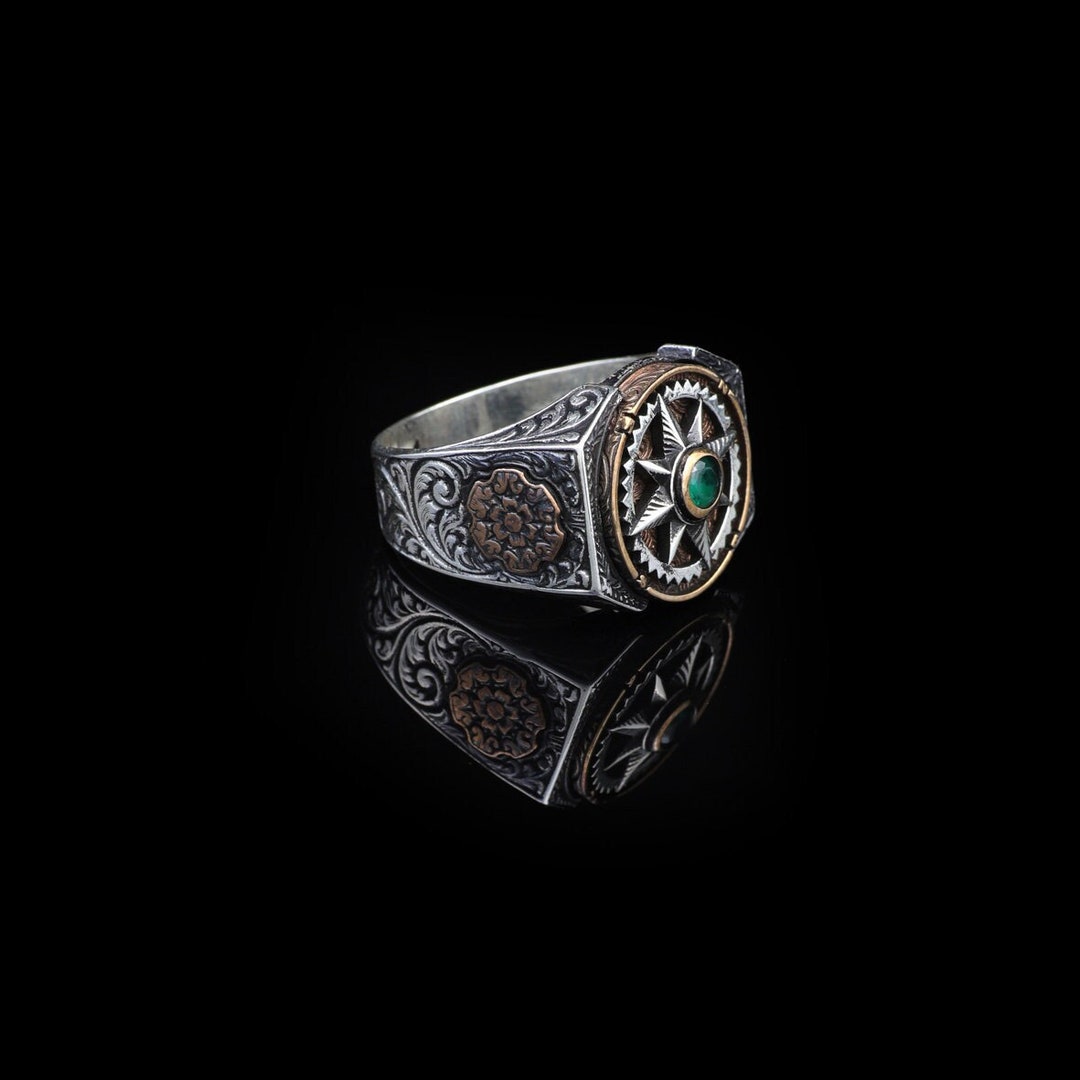Emerald Ring Men ,compass Silver Emerald Ring, Stress Wheel Design ...