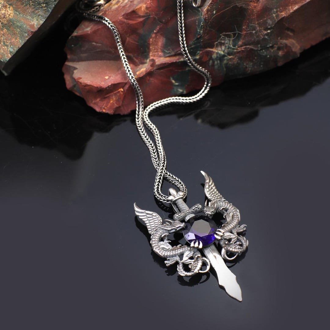 Sterling Silver Dragon Sword Necklace: Gothic Sapphire Pendant - Etsy