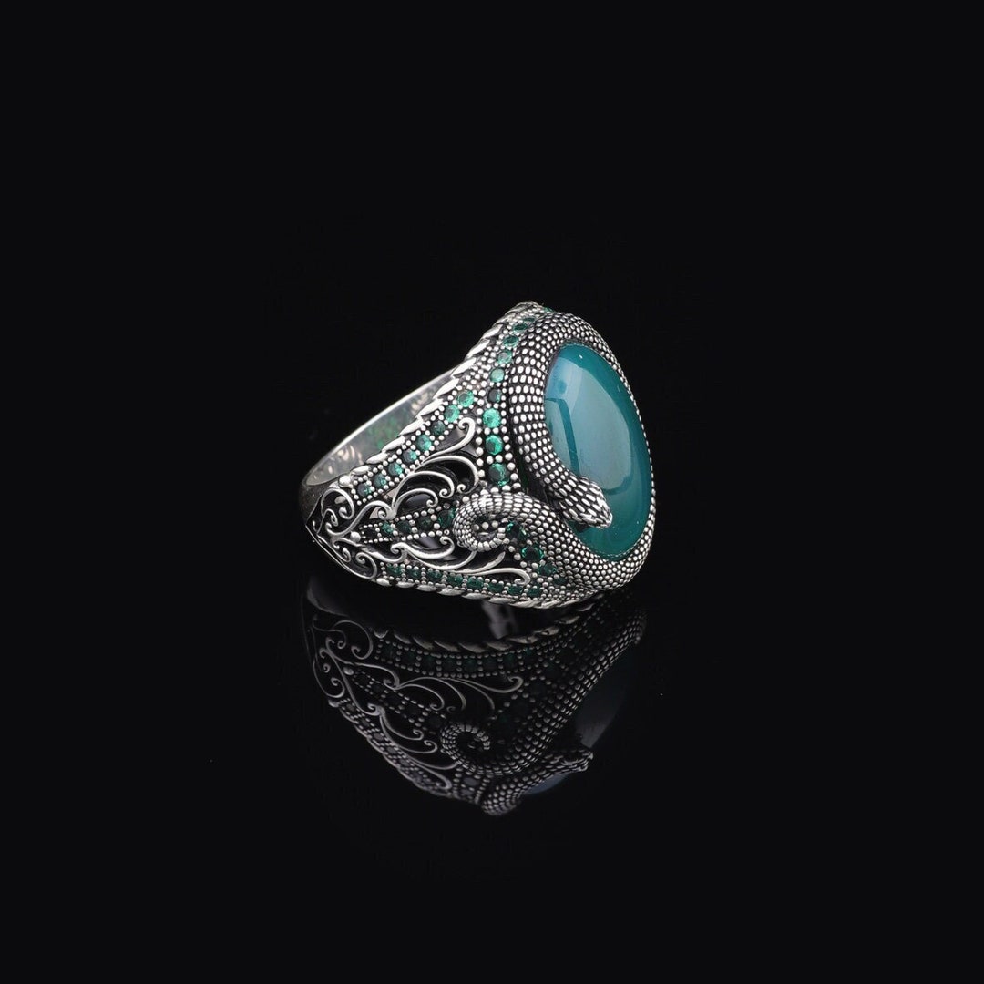 Handmade Sterling Silver Jade Snake Ring , Antique Style Sterling ...