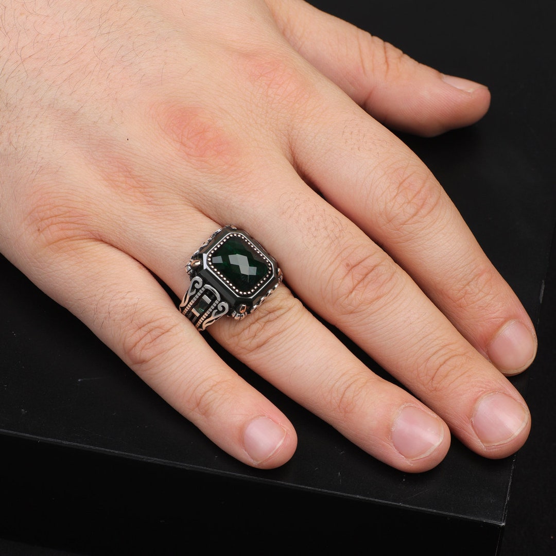 Vintage Emerald Ring for Men 925 Sterling Silver Turkish Engagement ...