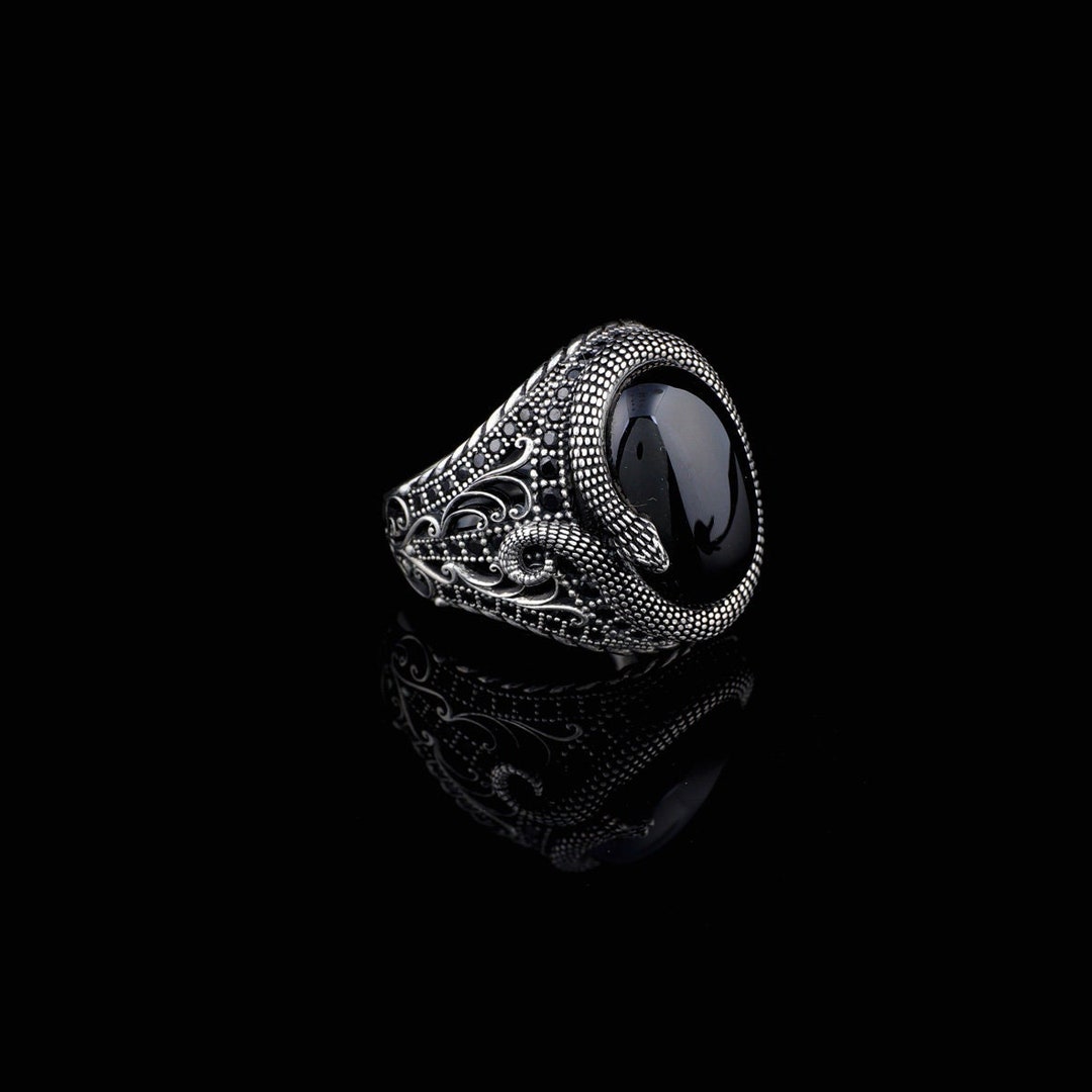 Black Onyx Snake Ring: Sterling Silver Mens Ring - Etsy